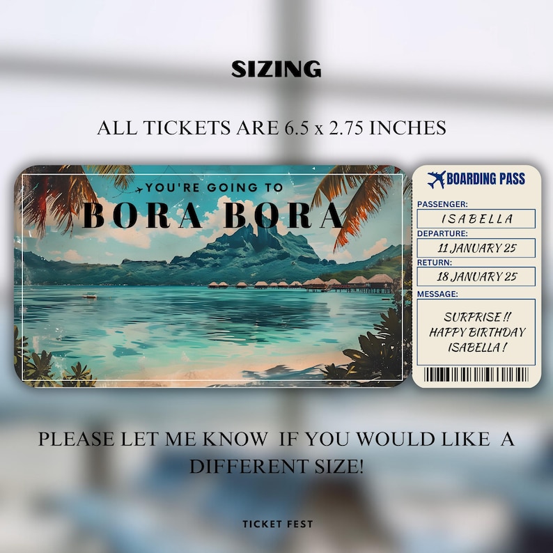 Bora Bora Editable Travel Boarding Pass, Surprise Trip Ticket Gift ...