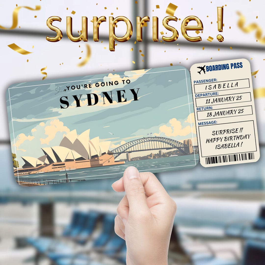 Sydney Editable Travel Boarding Pass, Surprise Trip Ticket Gift ...