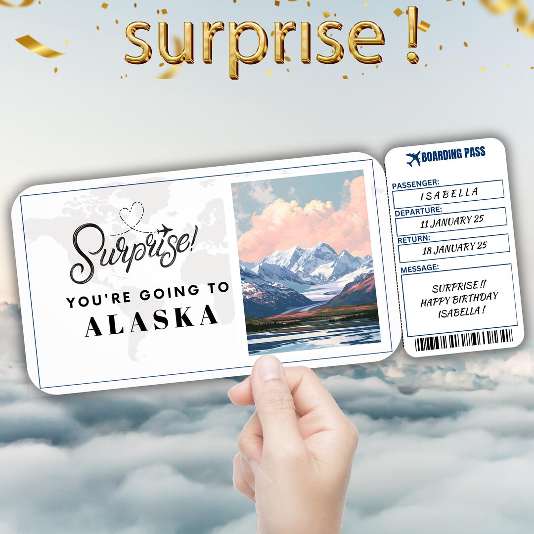 Alaska Editable Travel Boarding Pass, Surprise Trip Ticket Gift ...