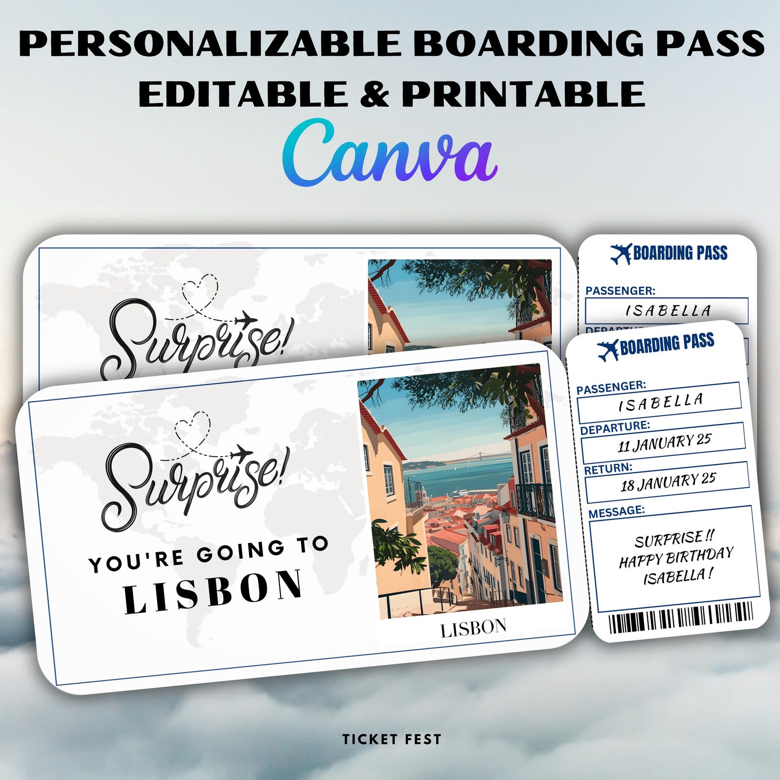 Lisbon Editable Travel Boarding Pass, Surprise Trip Ticket Gift ...