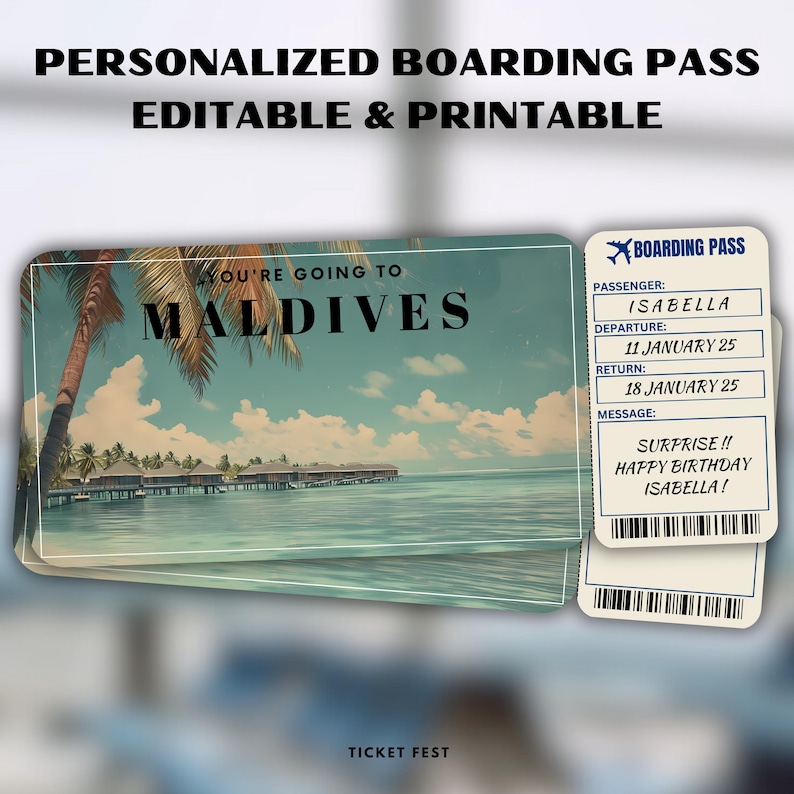 Maldives Editable Travel Boarding Pass, Surprise Trip Ticket Gift ...