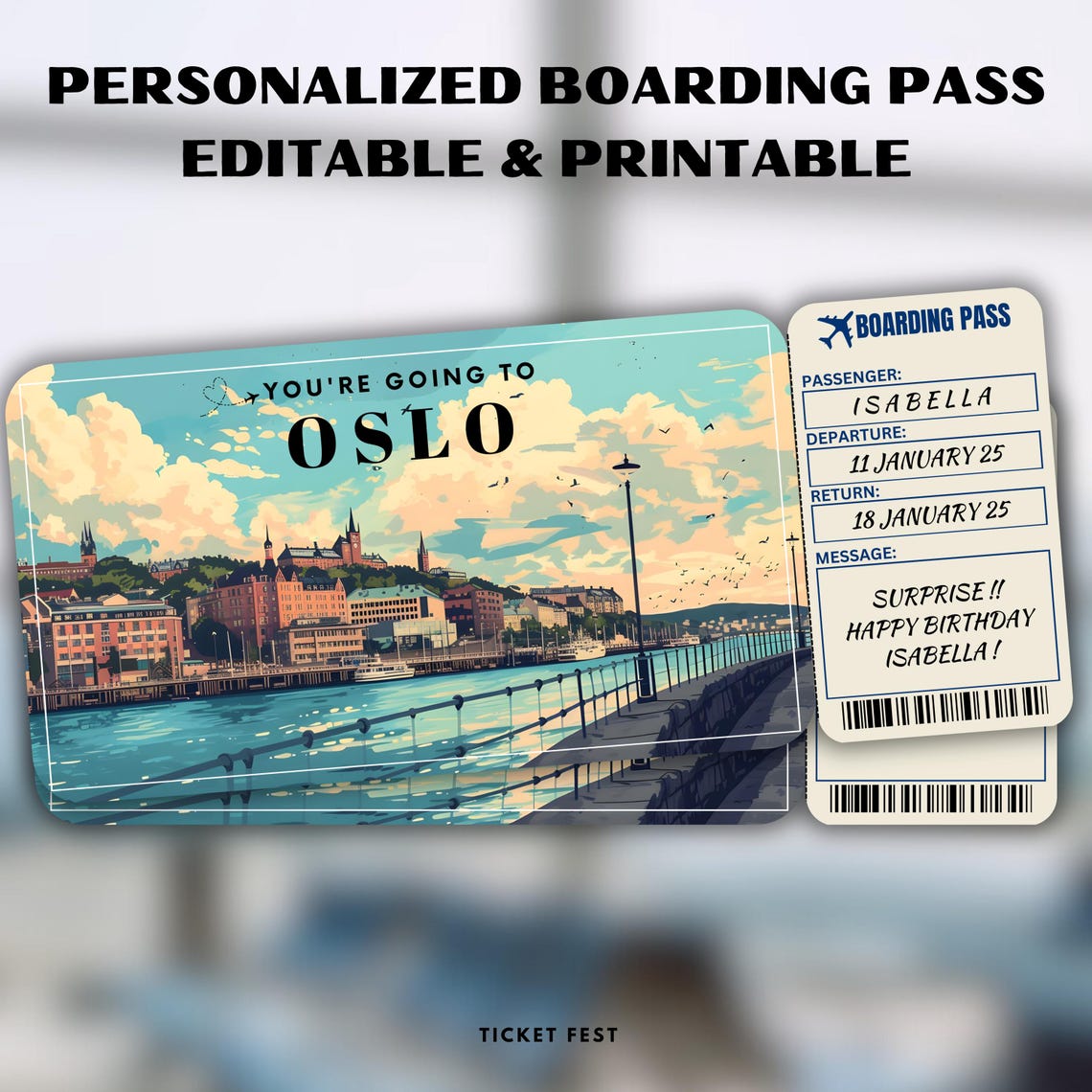 Oslo Editable Travel Boarding Pass, Surprise Trip Ticket Gift, Vacation ...