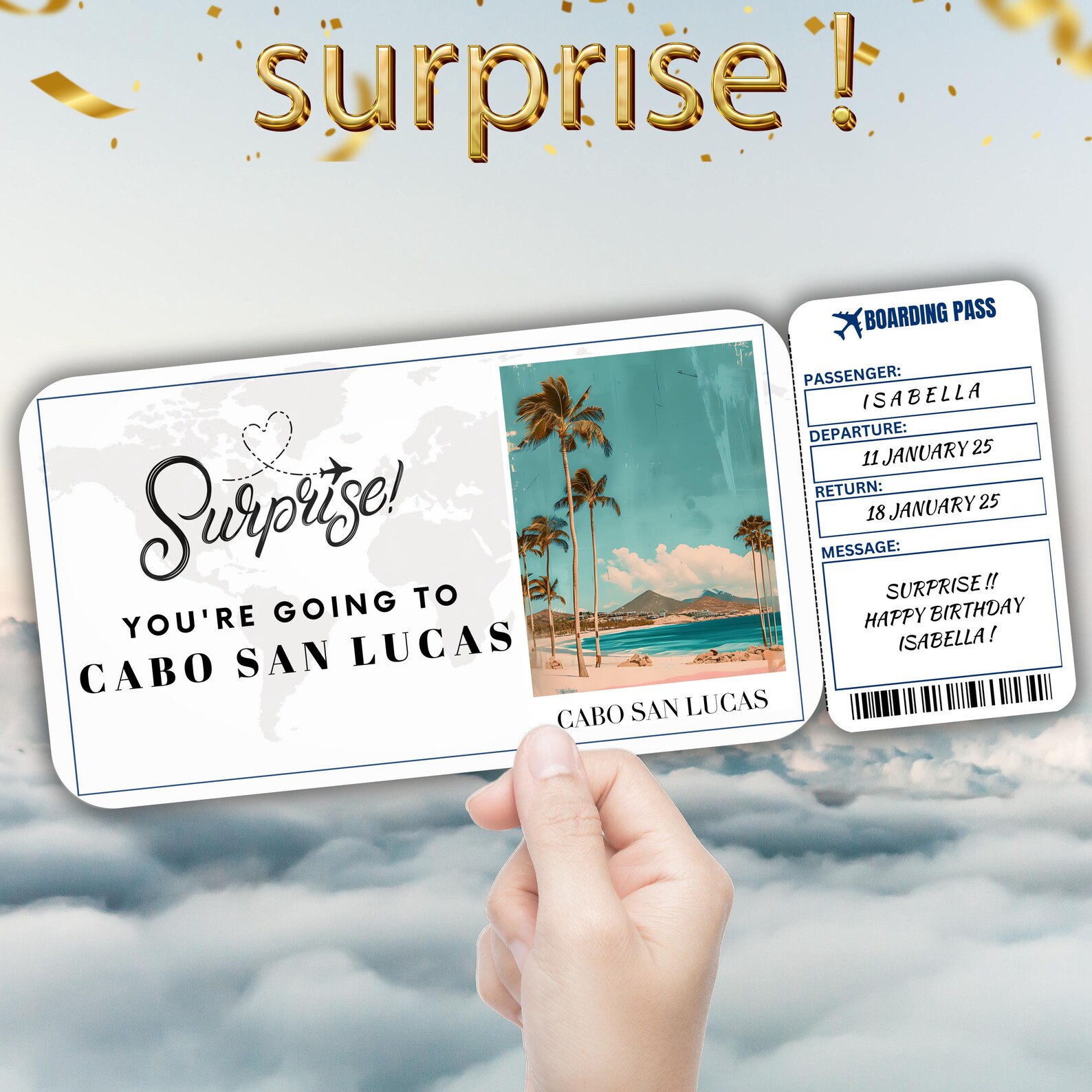 Cabo San Lucas Mexico Surprise Gift Ticket, Editable Boarding Pass ...