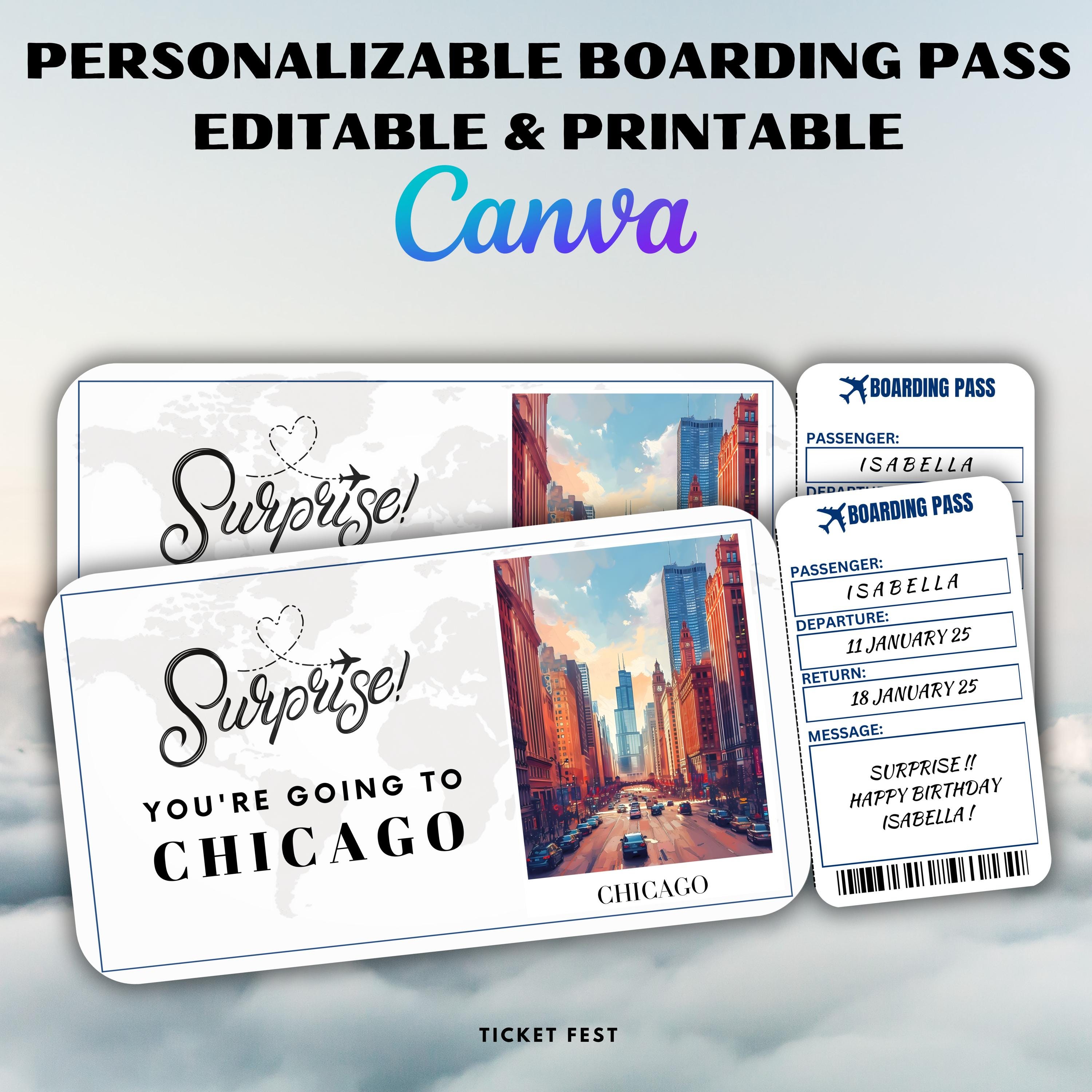 Chicago Editable Travel Boarding Pass, Surprise Trip Ticket Gift ...