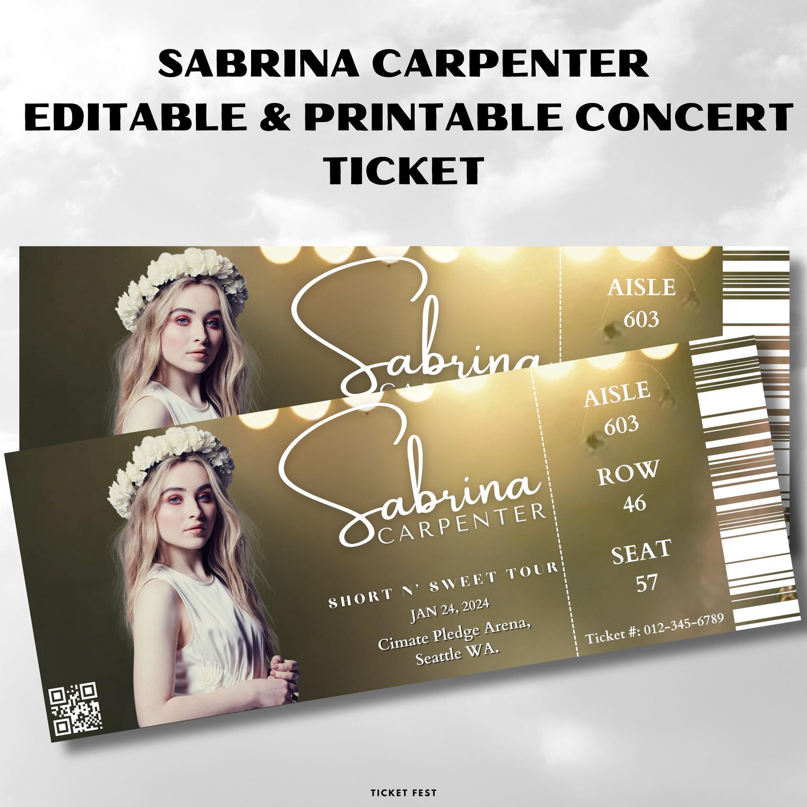 Sabrina Short N' Sweet Tour Concert Ticket Template, Editable Concert Ticket , Concert Ticket ...