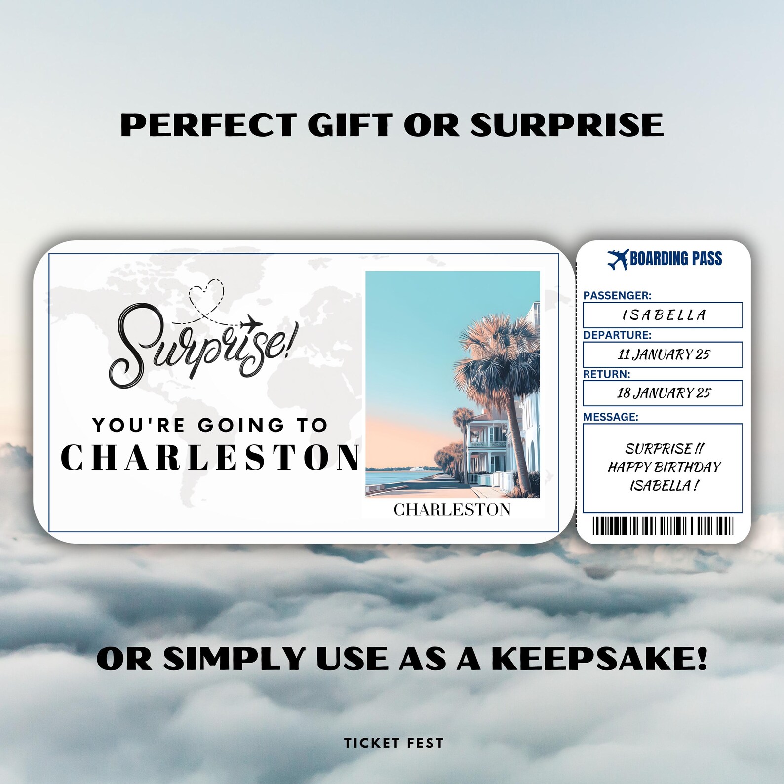 Charleston South Carolina Surprise Gift Ticket, Editable Boarding Pass ...