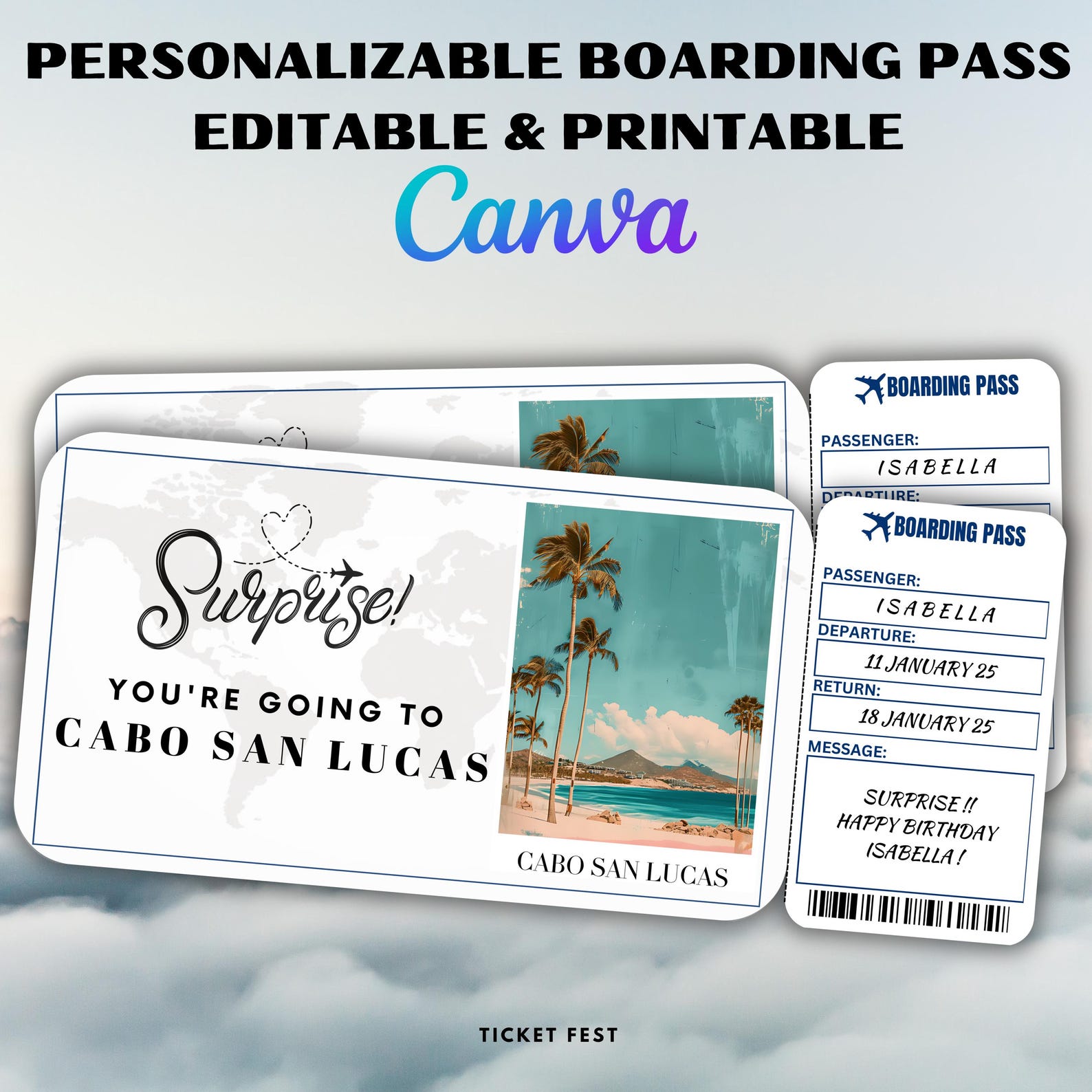 Cabo San Lucas Mexico Surprise Gift Ticket, Editable Boarding Pass ...