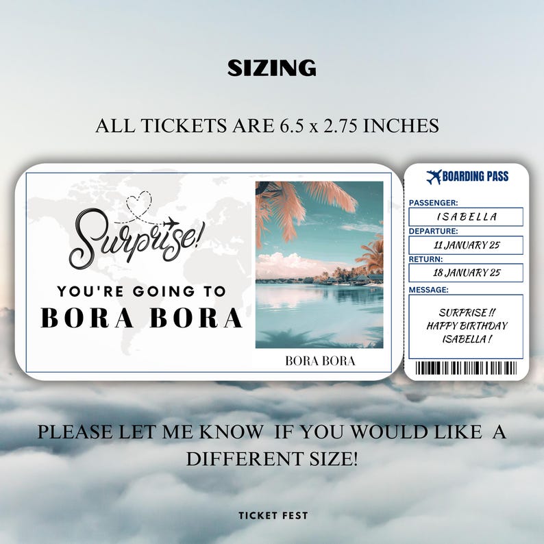 Bora Bora Editable Travel Boarding Pass, Surprise Trip Ticket Gift ...