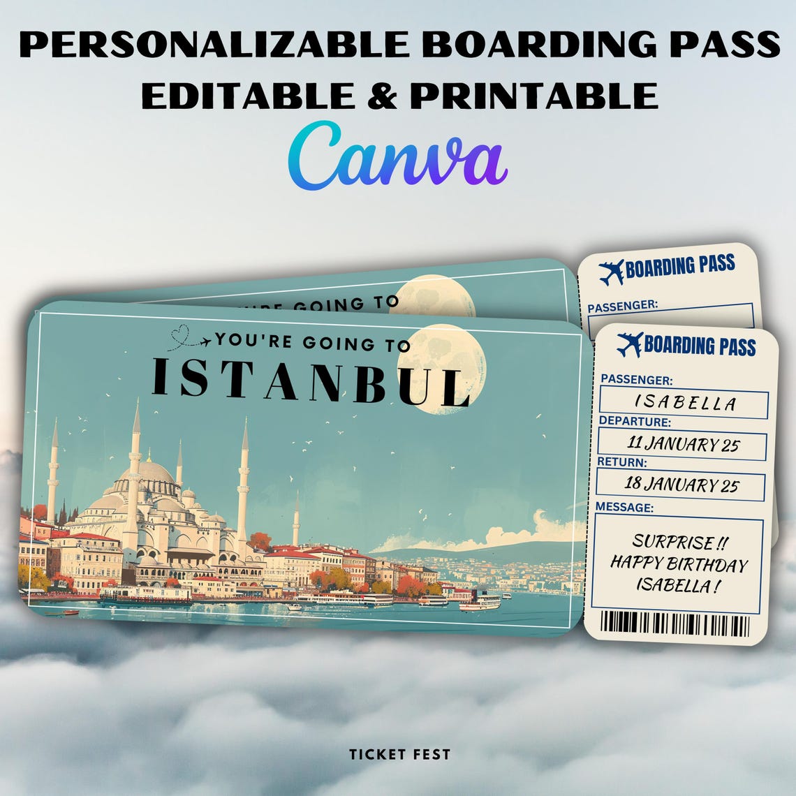 Istanbul Editable Travel Boarding Pass, Surprise Trip Ticket Gift ...