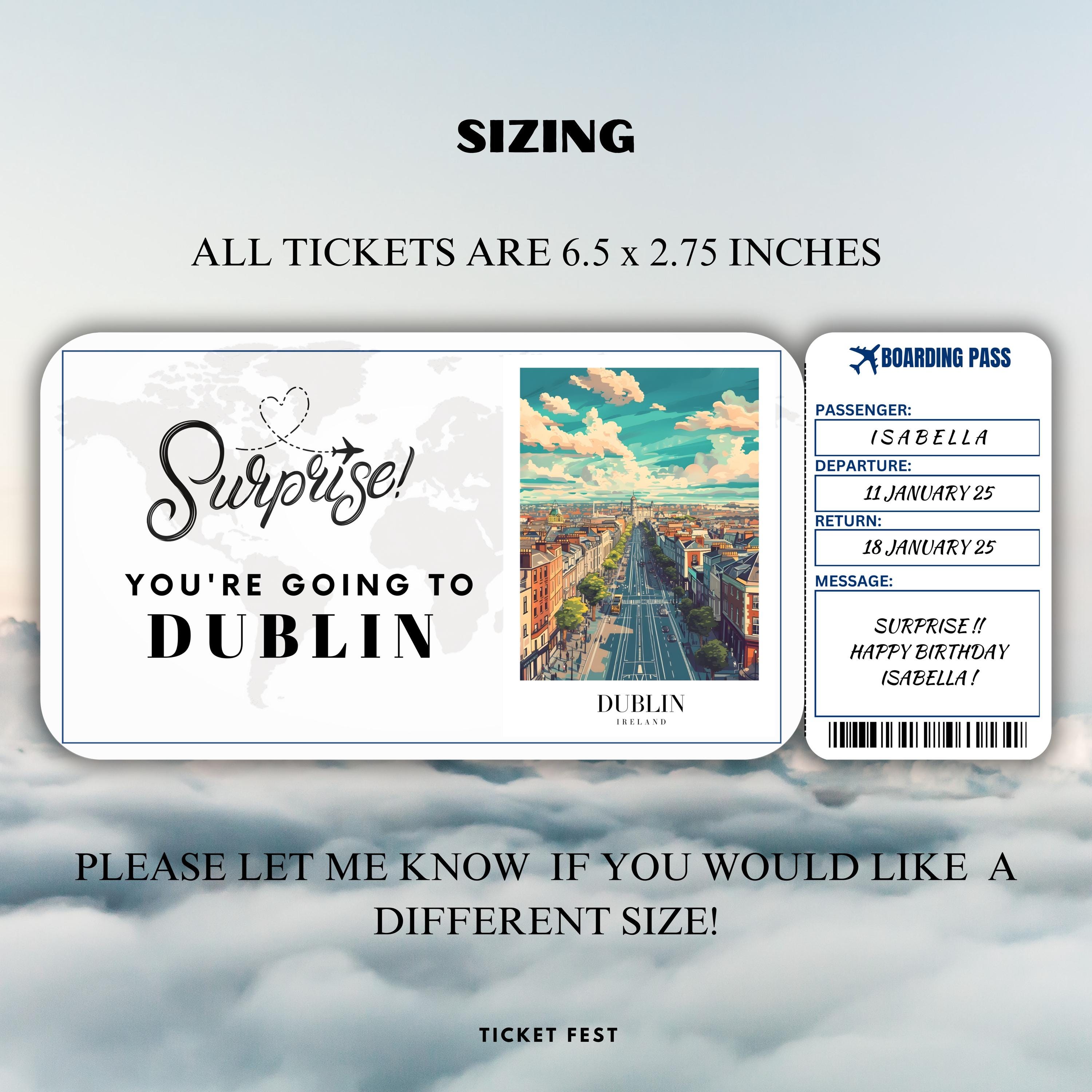Dublin Editable Travel Boarding Pass, Surprise Trip Ticket Gift ...