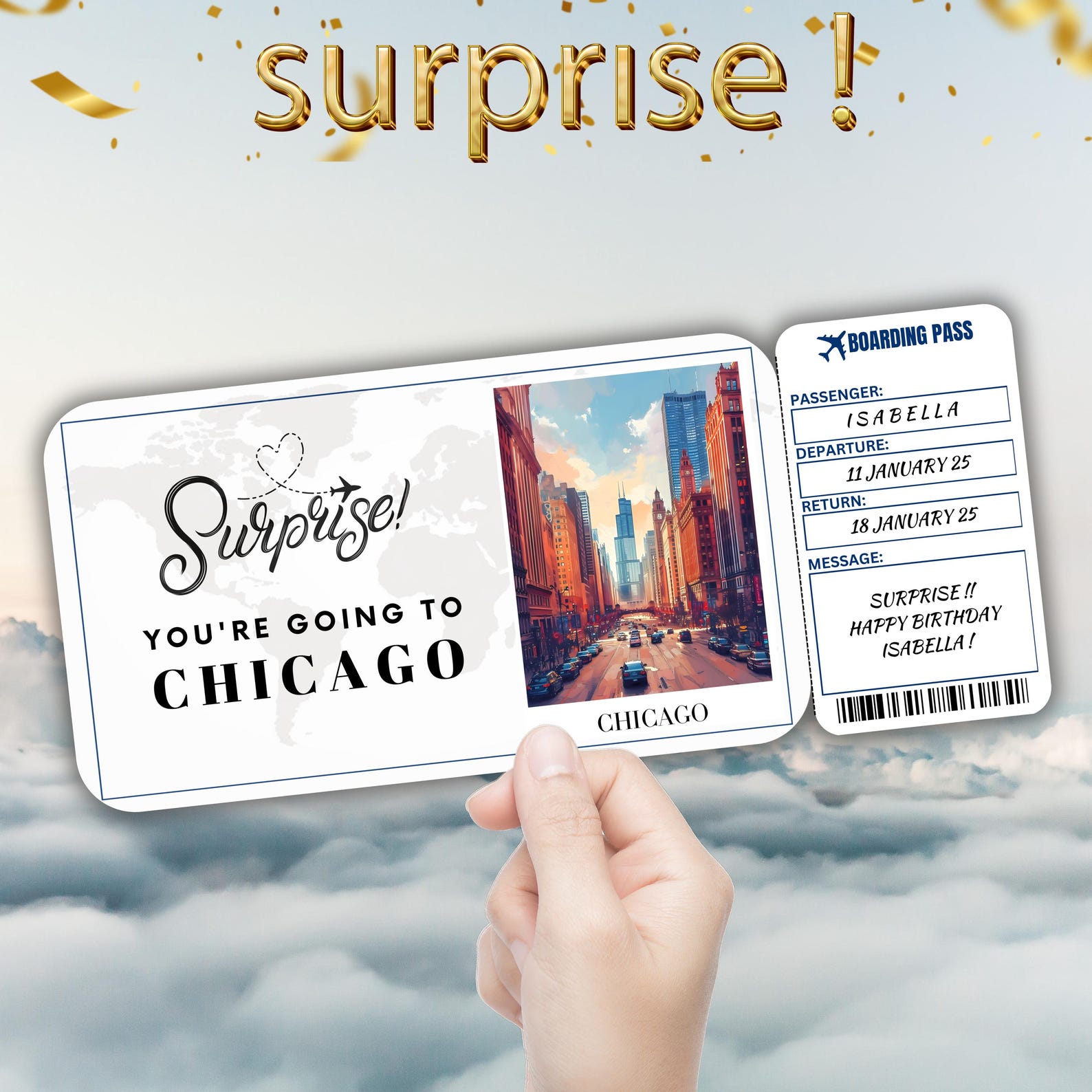Chicago Editable Travel Boarding Pass, Surprise Trip Ticket Gift ...