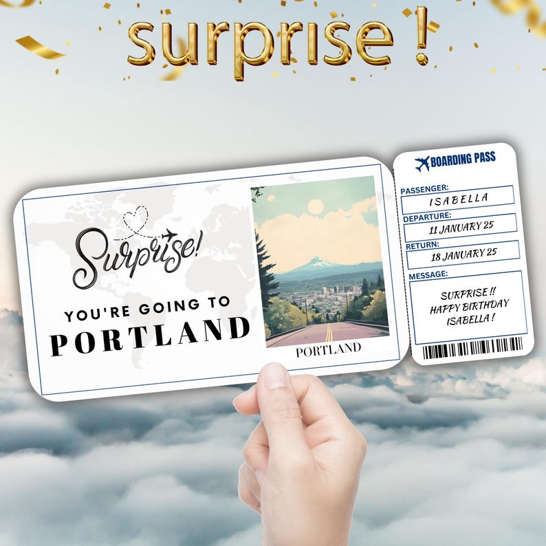 Portland Editable Travel Boarding Pass, Surprise Trip Ticket Gift ...