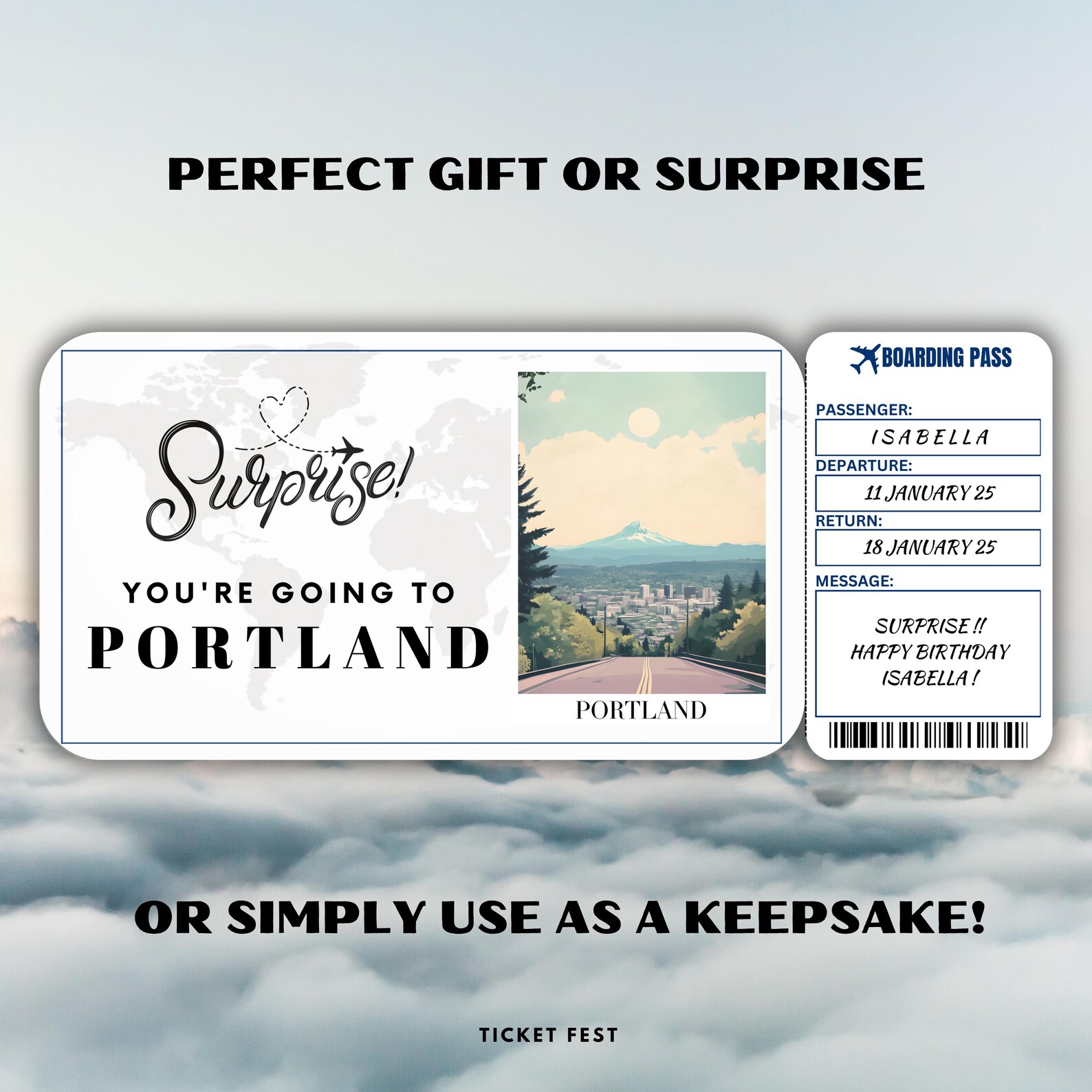 Portland Editable Travel Boarding Pass, Surprise Trip Ticket Gift ...
