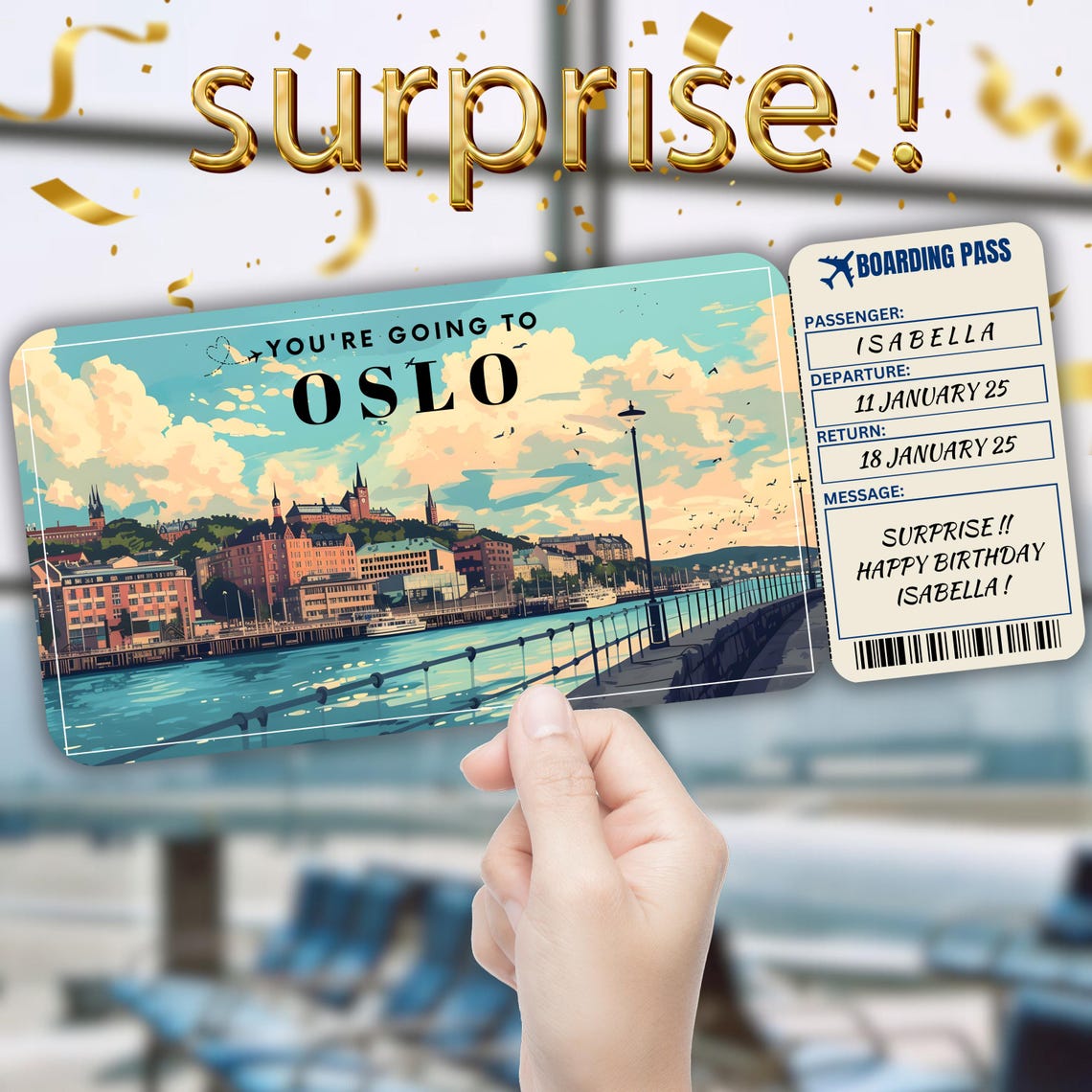 Oslo Editable Travel Boarding Pass, Surprise Trip Ticket Gift, Vacation ...