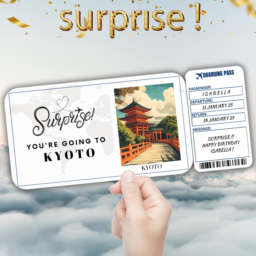 Kyoto Editable Travel Boarding Pass, Surprise Trip Ticket Gift ...