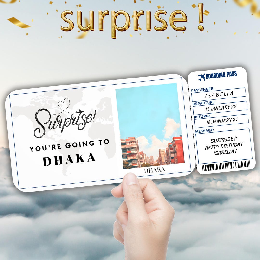 Dhaka Editable Travel Boarding Pass, Surprise Trip Ticket Gift ...