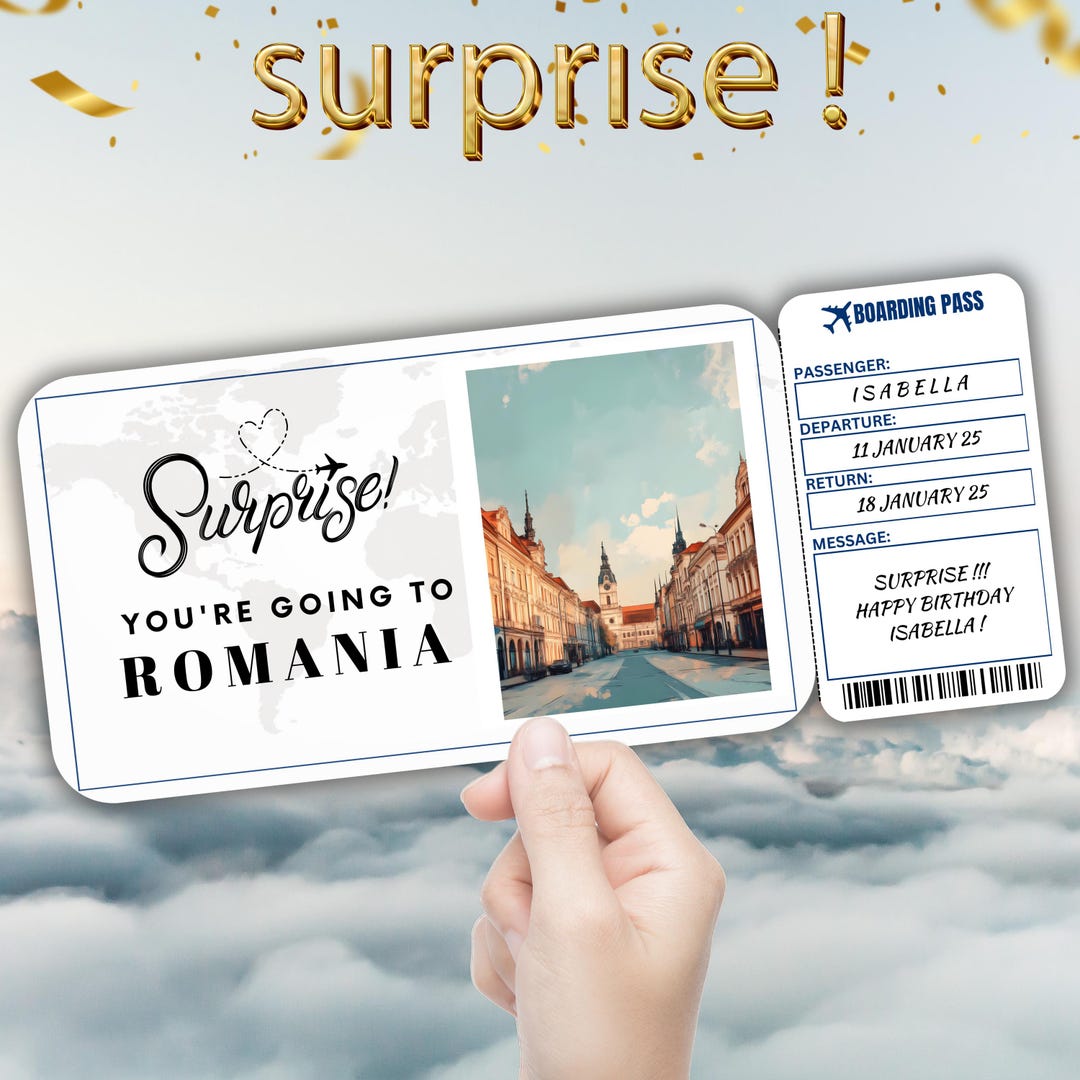 Romania Editable Travel Boarding Pass, Surprise Trip Ticket Gift ...