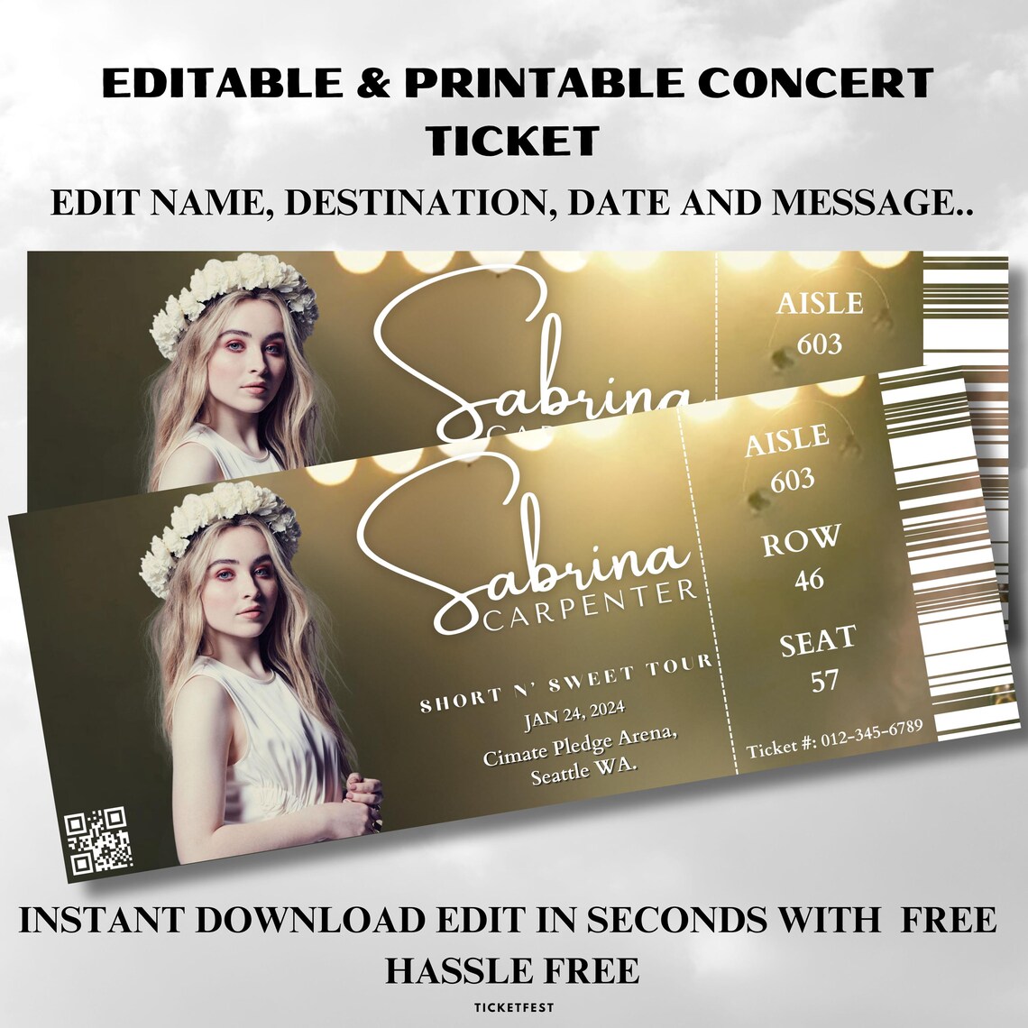 Sabrina Short N' Sweet Tour Concert Ticket Template, Editable Concert ...