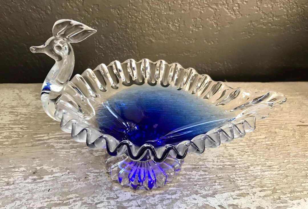 Vintage Murano Art Glass, Glass Peacock Bowl, Crimped Edge Glass ...