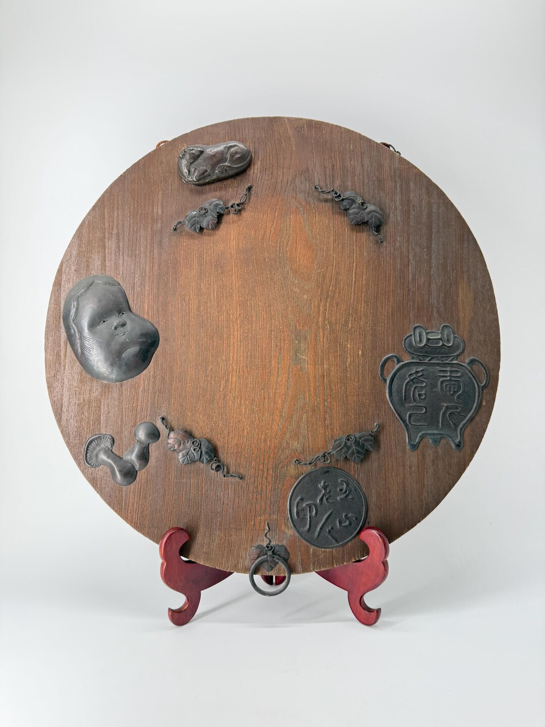 Traditional Japanese Vintage Wooden Plaque With Iron Applied Motifs and ...