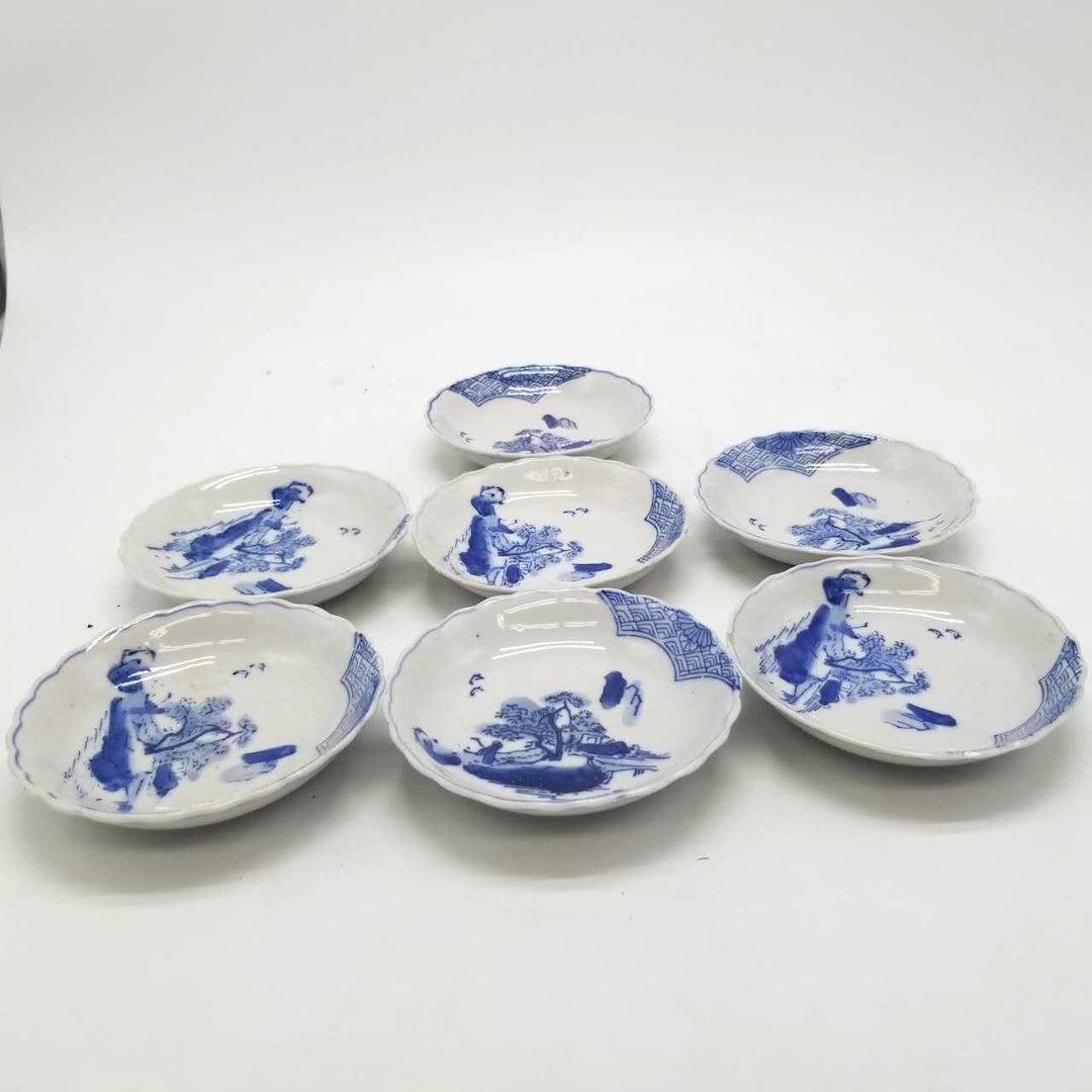 Ko-imari Landscapes – Japanese Vintage Blue and White Mame Plates Set ...