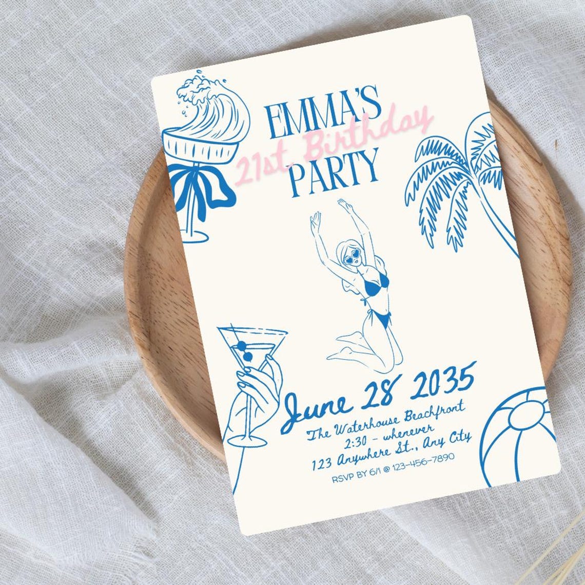 21st Birthday Pool Party Invitation: Hand-drawn Blue & Beige (canva ...