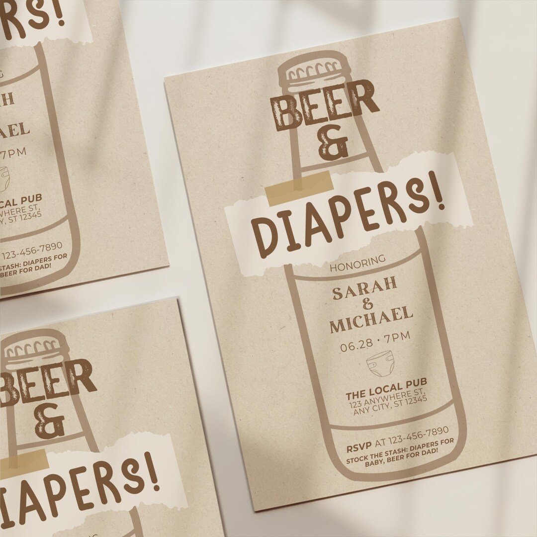 Modern Brown Beer and Diapers Party Invitation Instant Download Canva ...