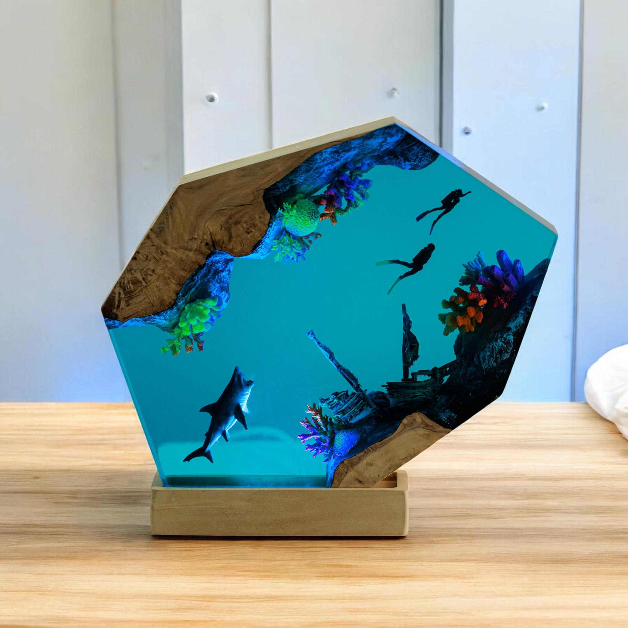 Lamp Scuba Diver Epoxy,shark Resin Lamp,epoxy Resin Lamp Wood,night ...