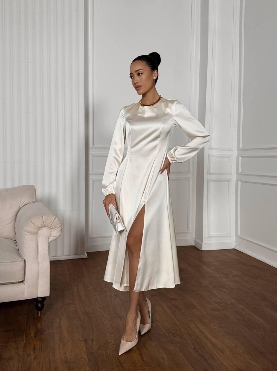 Elegant Pearl Satin Dress With Long Sleeves and Side Slit - Etsy
