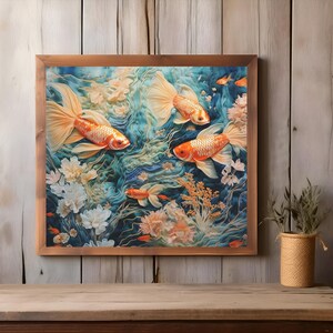 Koi Fish Art Print, Underwater Floral Art, Elegant Koi and Water Lilies ...