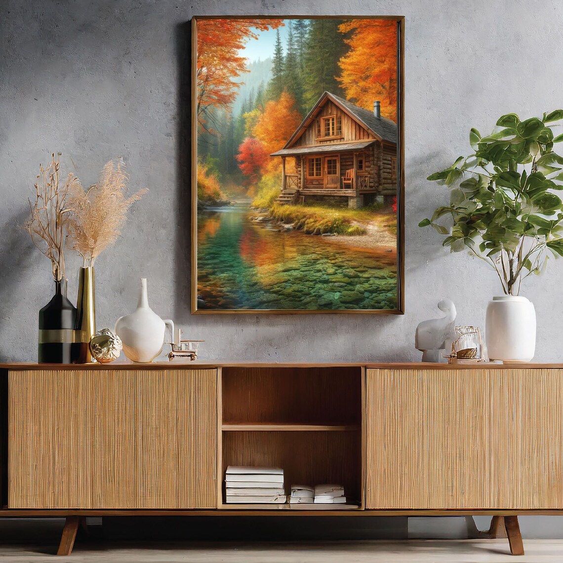 Autumn Cabin Print, Rustic Home Decor, Fall Landscape Art, Cozy Cabin ...