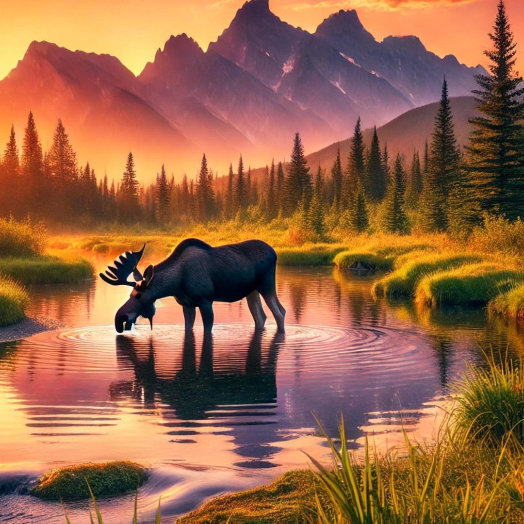 Wildlife Art Print, Majestic Moose Painting, Mountain Landscape Art ...
