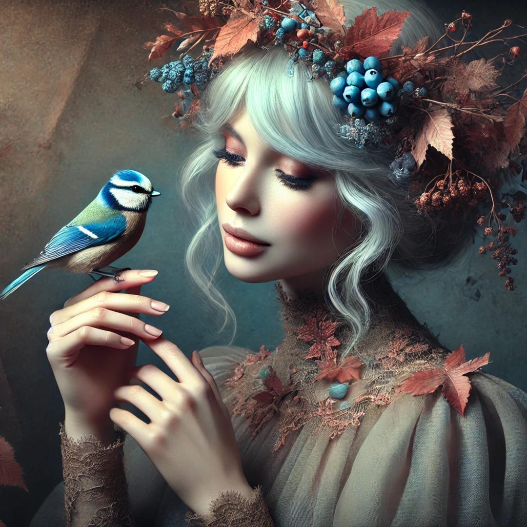 Mystical Woman Art Print, Fantasy Blue Hair, Autumn Fairy Art, Mythical ...