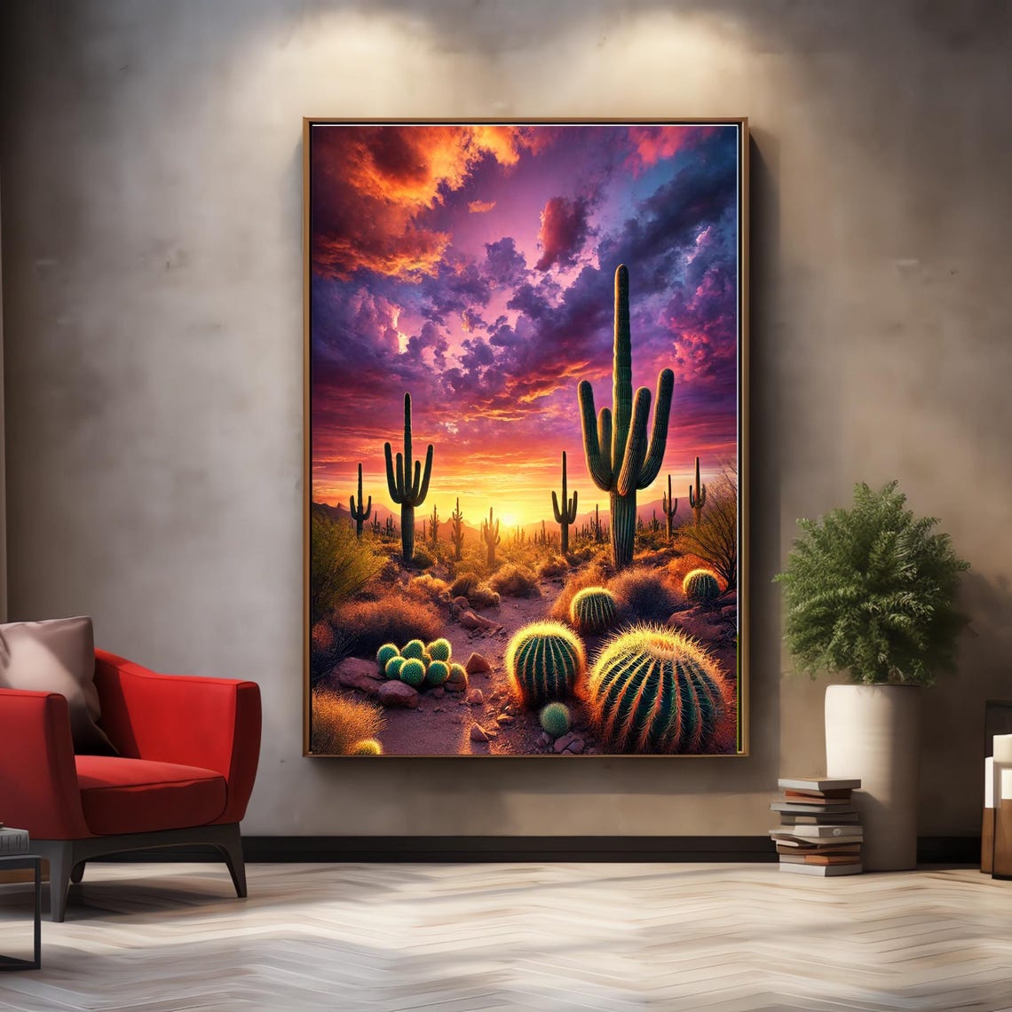Desert Sunset Art Print, Saguaro Cactus Art, Colorful Landscape ...