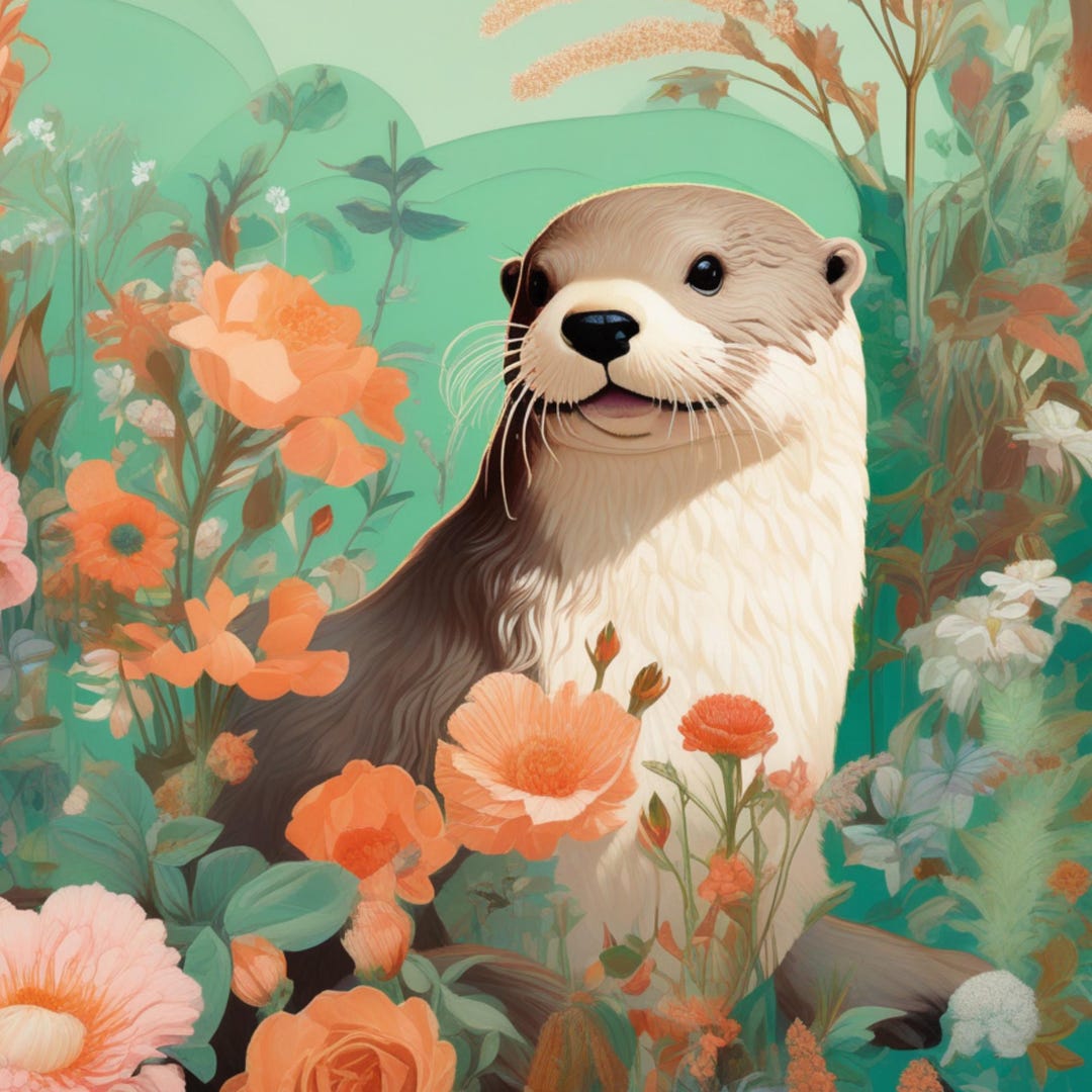 Floral Otter Art Print, Wildlife Wall Art, Colorful Otter in Blossom ...