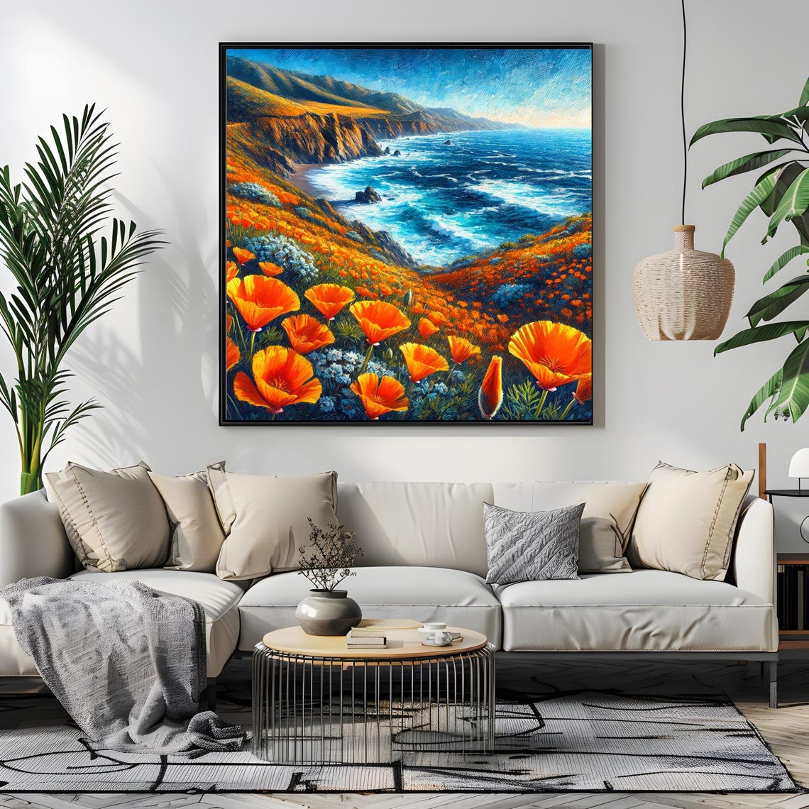 California Poppy Art Print, Coastal Landscape Art, Ocean View Artwork ...