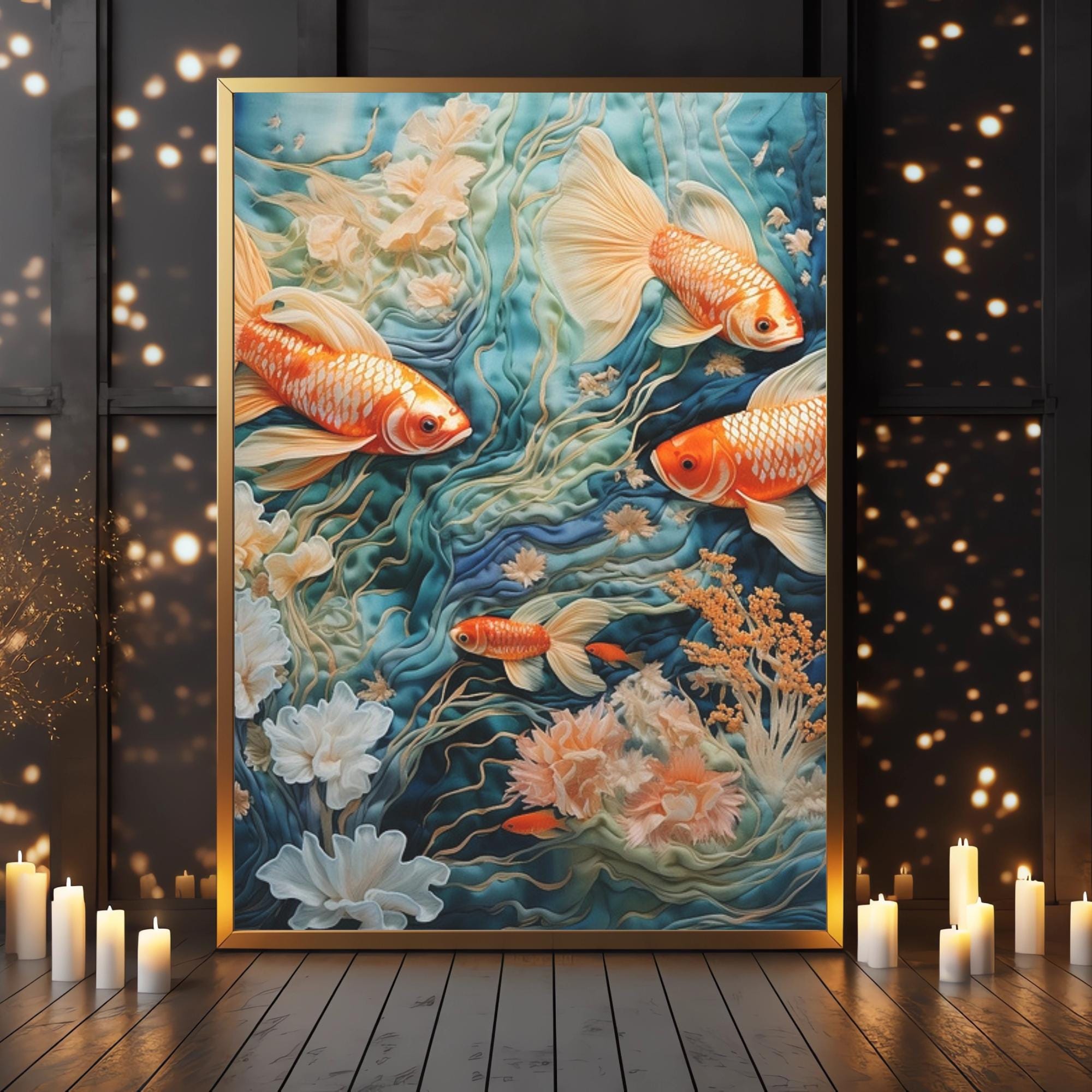 Koi Fish Art Print, Underwater Floral Art, Elegant Koi and Water Lilies ...