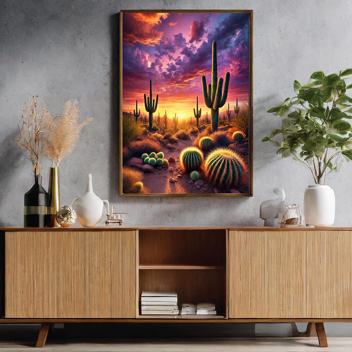 Desert Sunset Art Print, Saguaro Cactus Art, Colorful Landscape ...