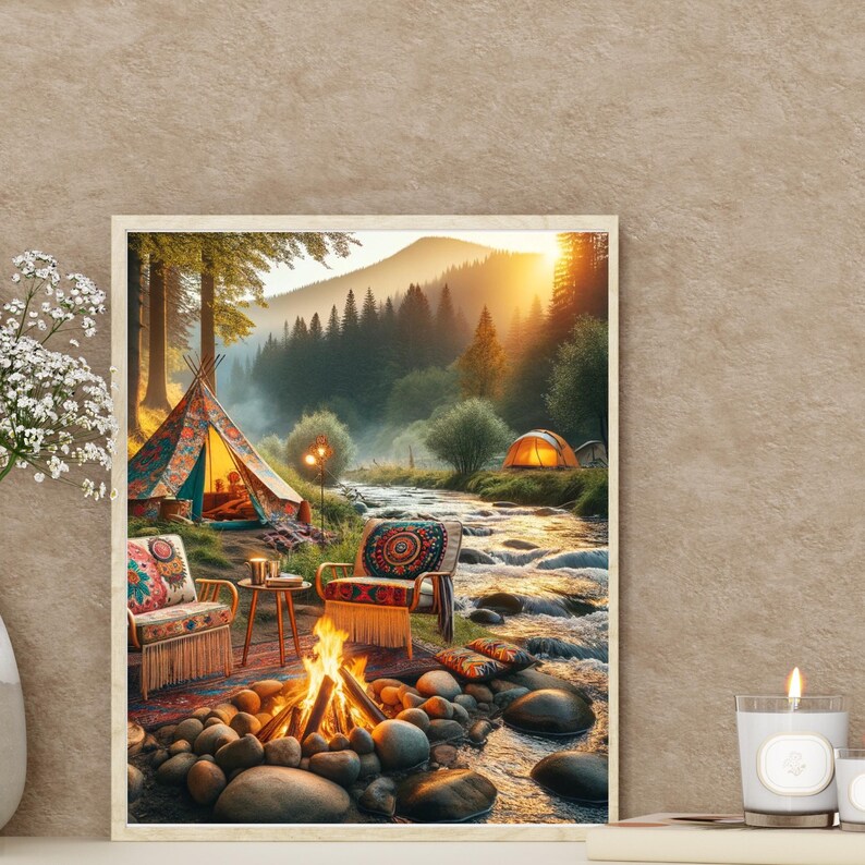 Bohemian Art Print, Glamping Wall Decor, Riverside Camping Print ...