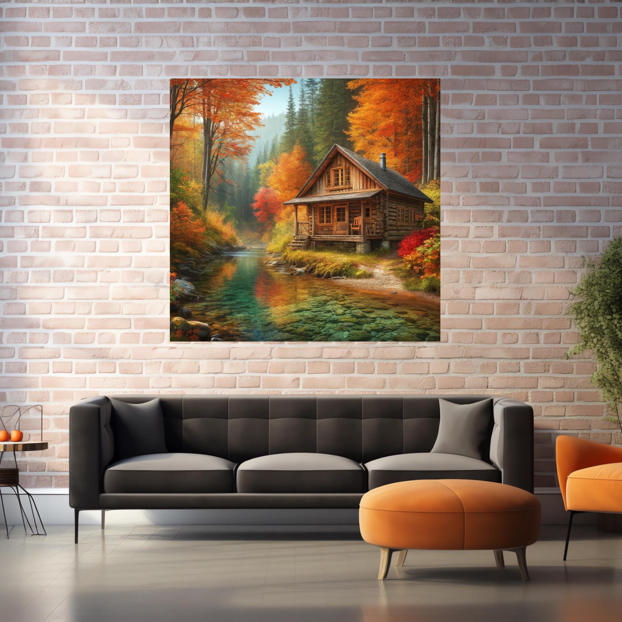 Autumn Cabin Print, Rustic Home Decor, Fall Landscape Art, Cozy Cabin ...