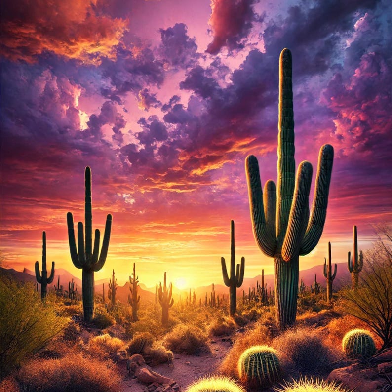 Desert Sunset Art Print, Saguaro Cactus Art, Colorful Landscape ...