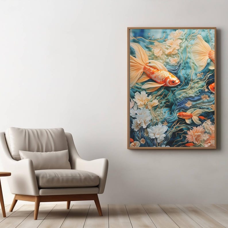 Koi Fish Art Print, Underwater Floral Art, Elegant Koi and Water Lilies ...