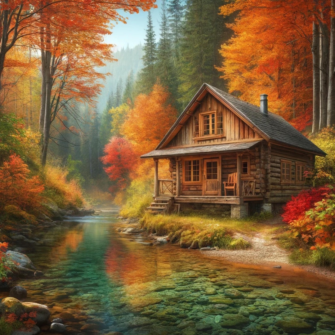 Autumn Cabin Print, Rustic Home Decor, Fall Landscape Art, Cozy Cabin ...