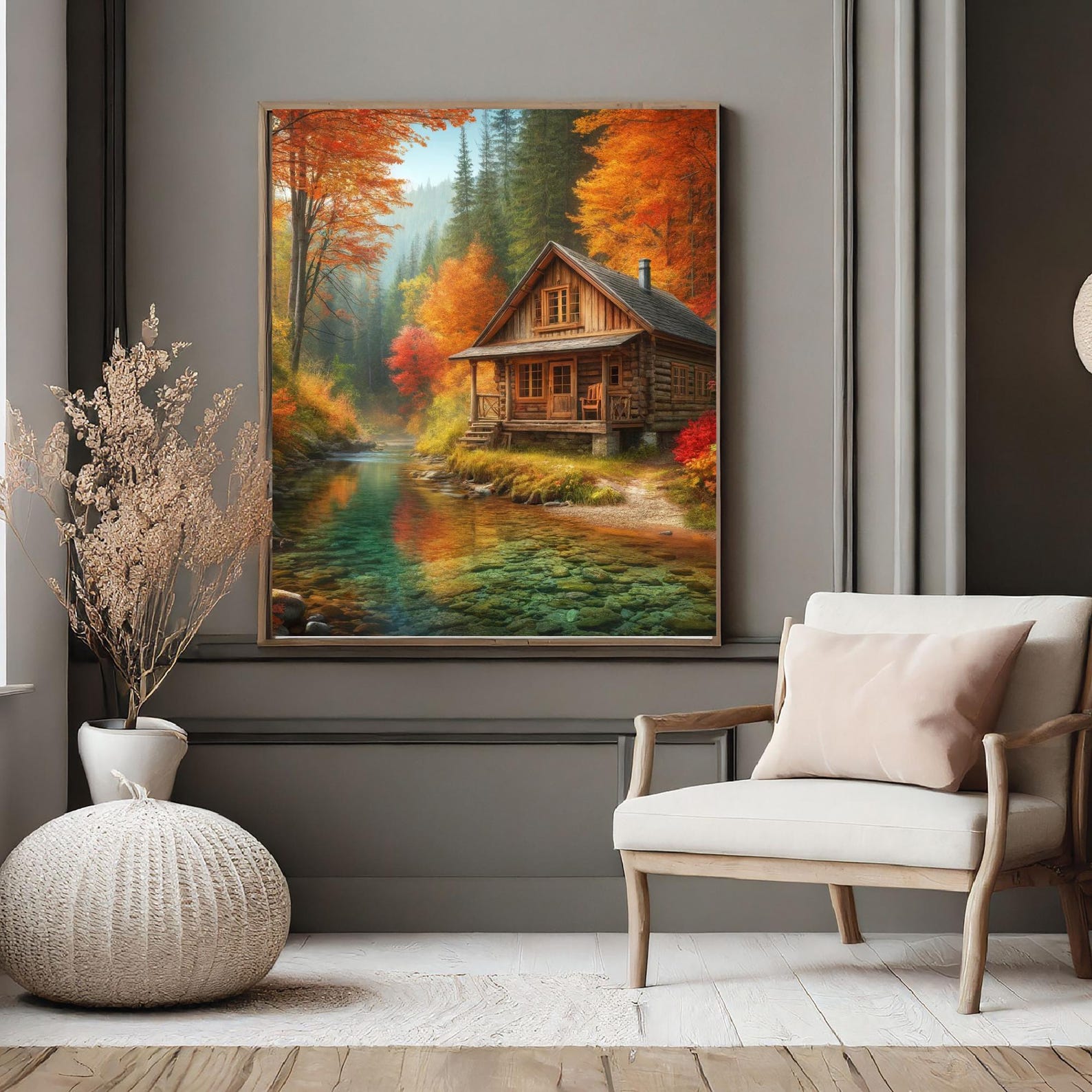 Autumn Cabin Print, Rustic Home Decor, Fall Landscape Art, Cozy Cabin ...