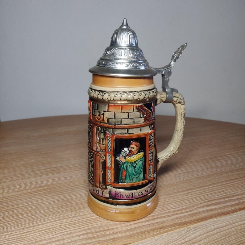 Vintage German Beer Stein With Pewter Lid: Rothenburg Ceramic Mug - Etsy