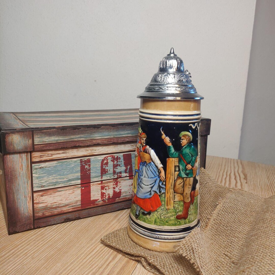 Vintage German Beer Stein With Lid, Ceramic and Metal, Hand-painted ...