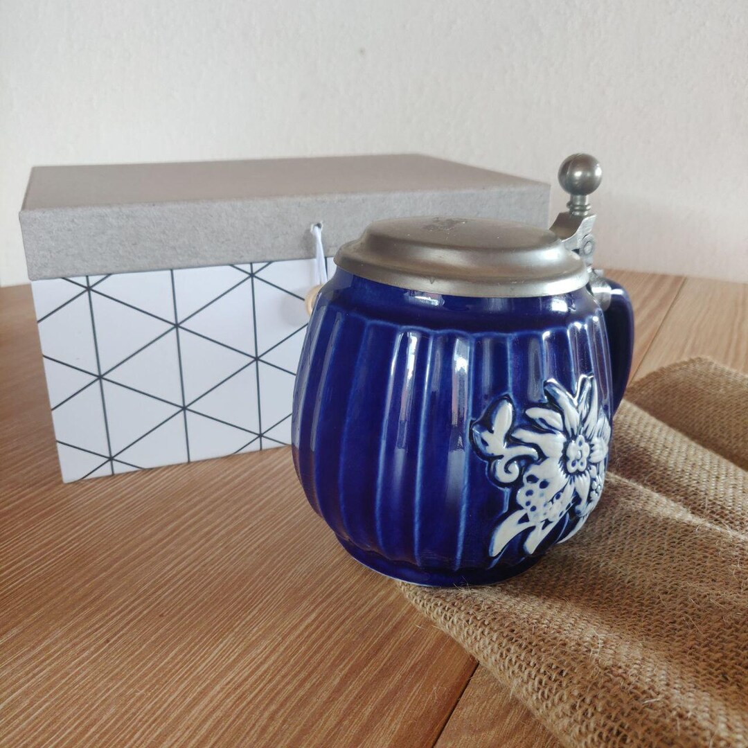 Vintage German Blue Ceramic Barrel Mug With Edelweiss Flower and Pewter ...