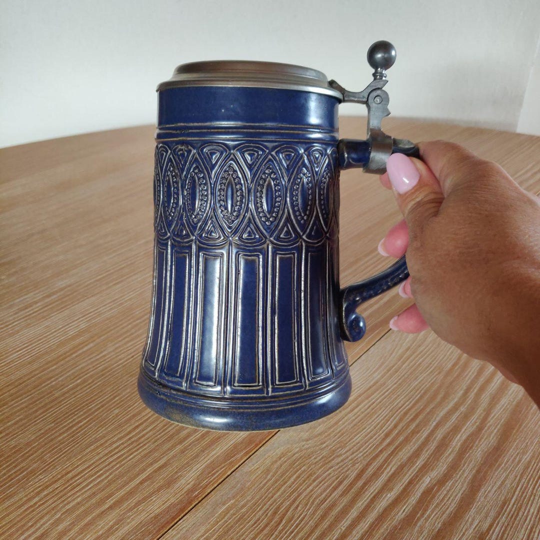 Authentic German Beer Stein With Pewter Lid Dark Blue Ceramic Perfect ...