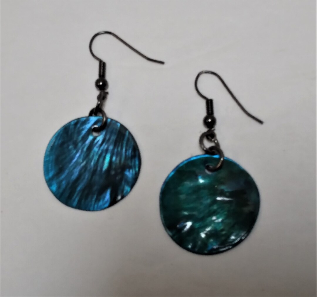 Dangle Earrings of Dark Turquoise Blue Shell Discs, Gunmetal Findings ...