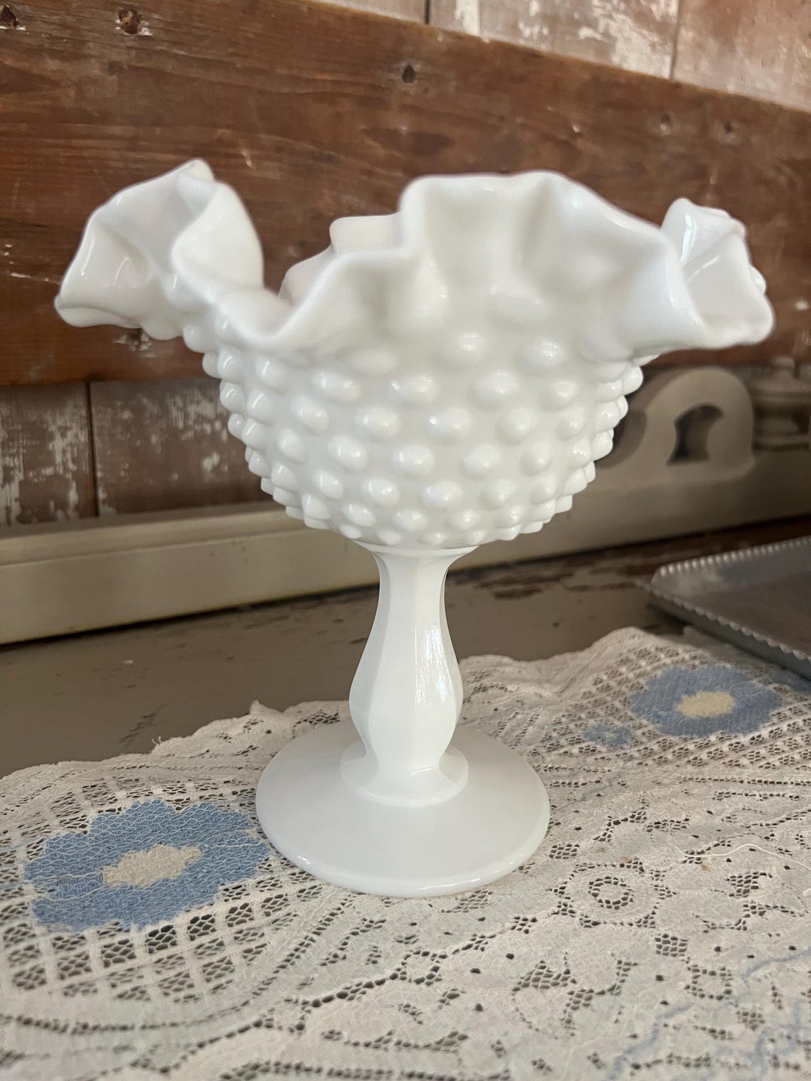 Vintage Candy Bowl Dish With Pedestal Base Ruffled Fluted Hobnail Milk ...